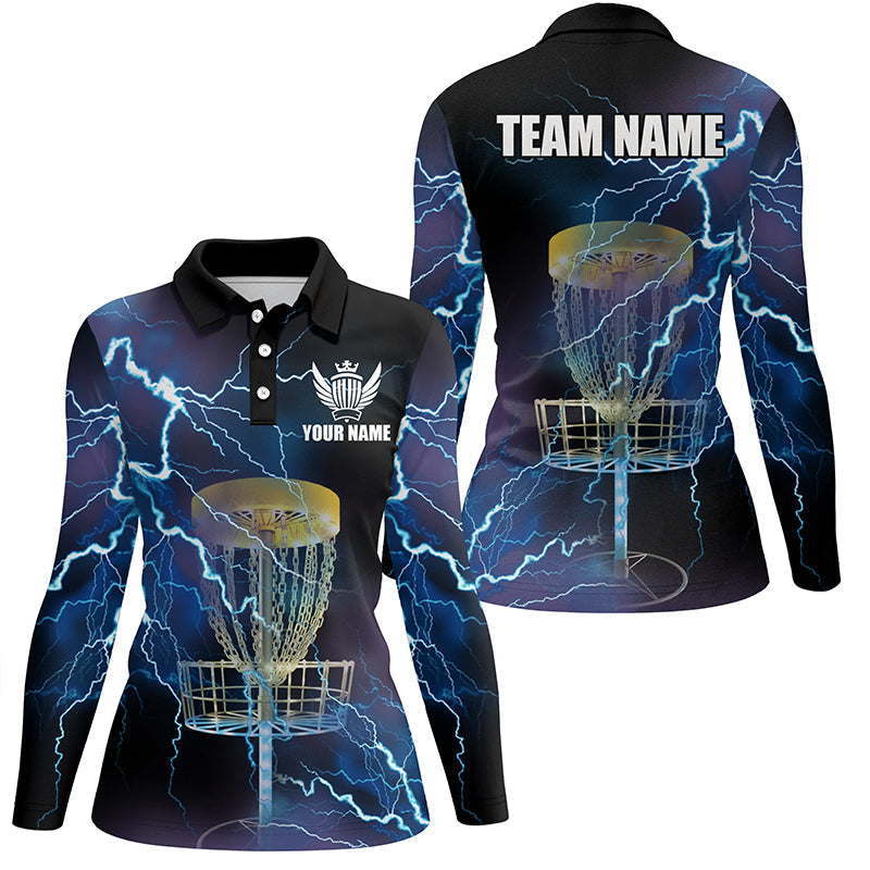 Women disc golf polo shirts custom blue lightning thunder disc golf ba ...