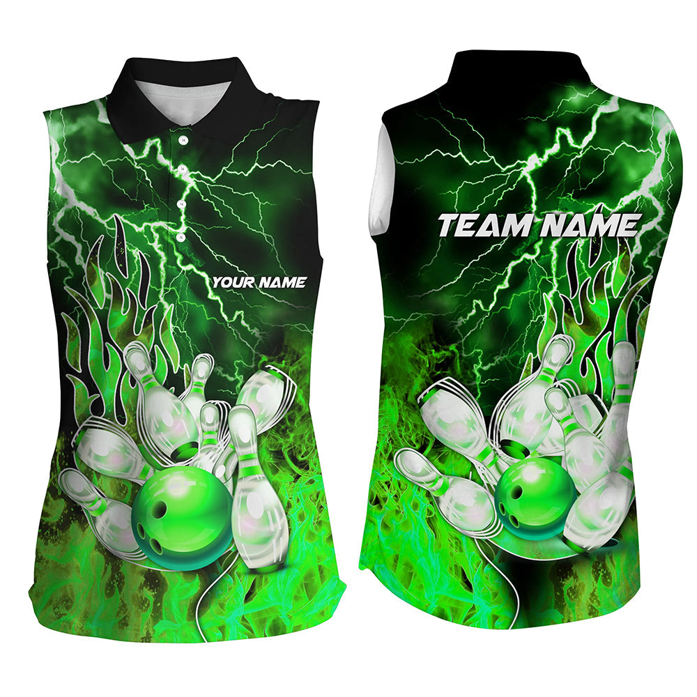 Women Bowling sleeveless Polos Custom green lightning thunder Bowling ...