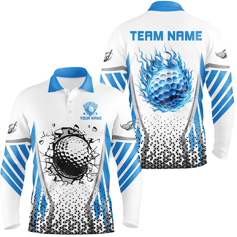 Blue flame golf ball wall break white Mens golf polo shirt custom golf ...