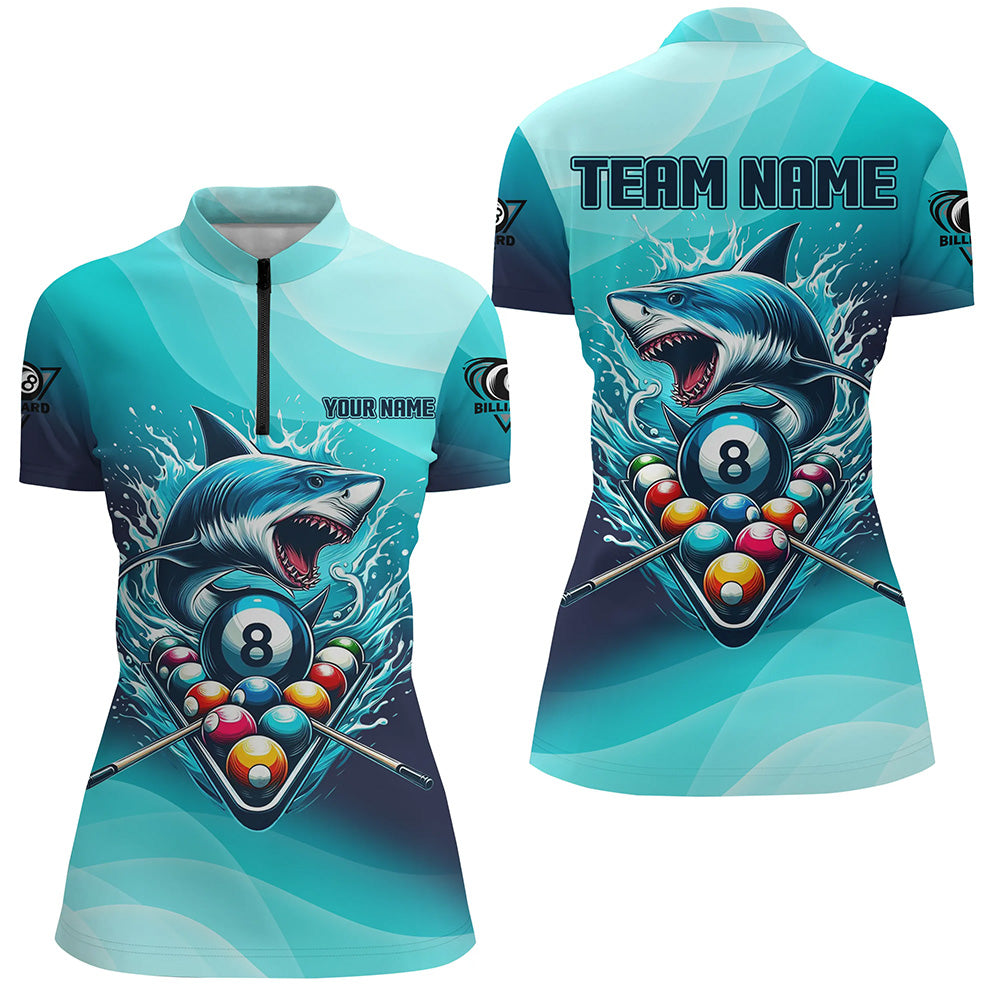 Personalized Blue Pool Ball Shark Billiard Shirts For Women Custom Tea ...