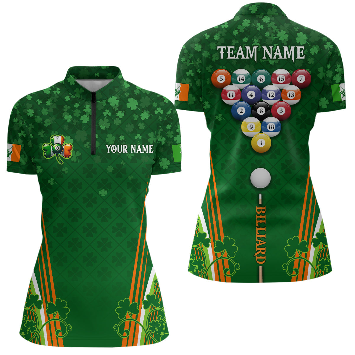 St Patrick's Day Billiard Ball Custom Shamrock Women 1/4 Zip Shirts, P ...