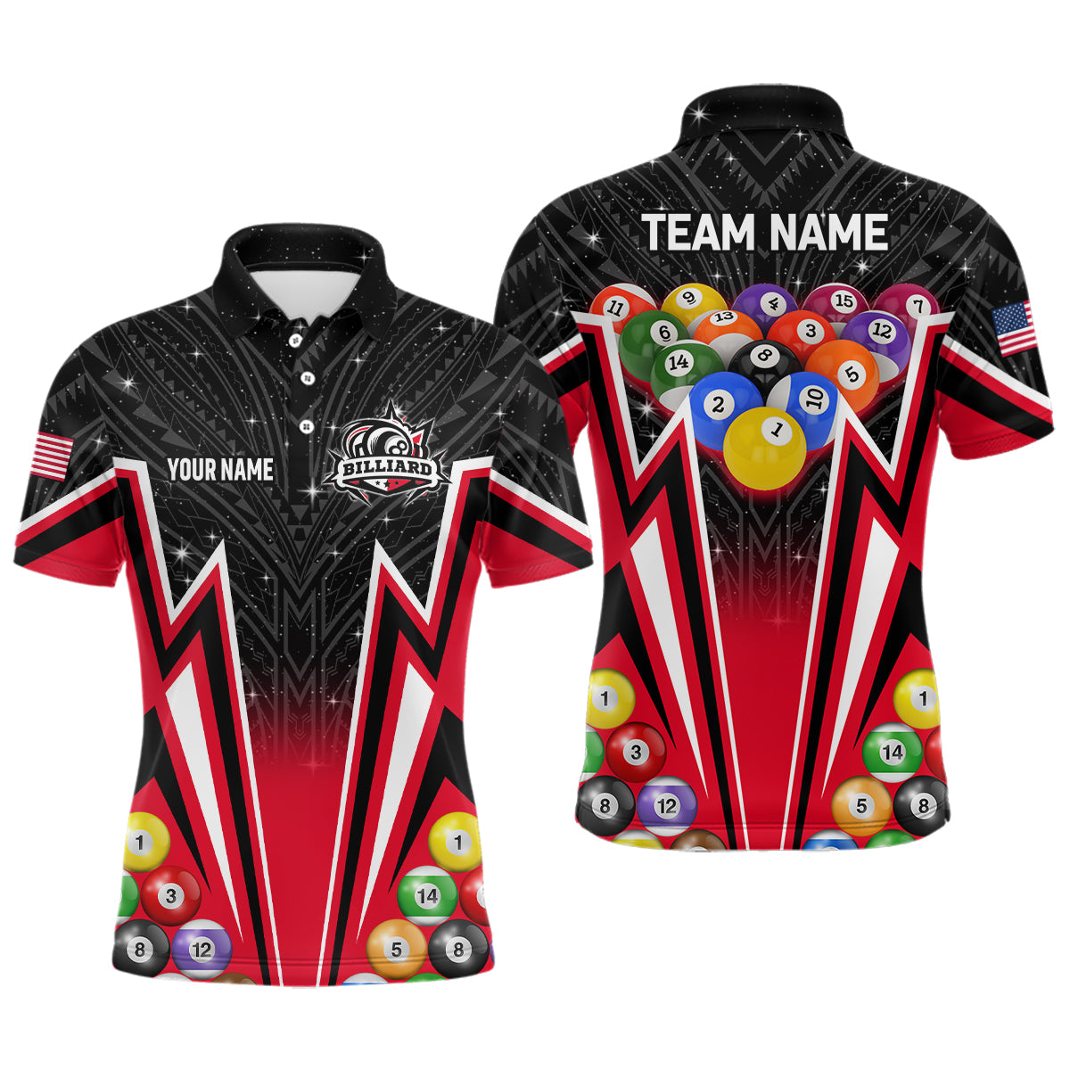 Customized Red 3D 8 Ball Billiard Jerseys Men Polo Shirts, 8 Ball Pool ...
