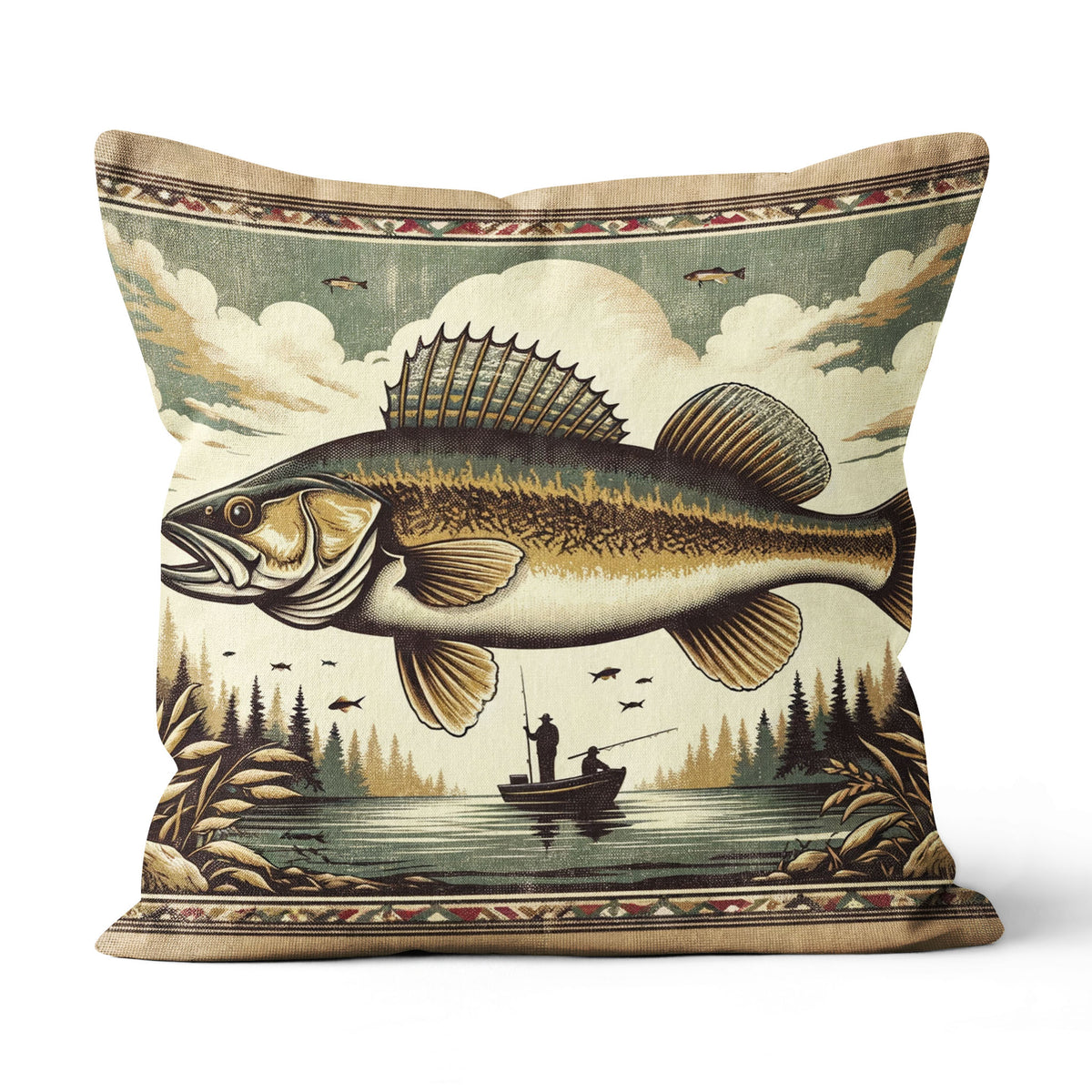 Walleye Fishing Lodges Fishing Pillow, Rustic Fishing Cabins decor Fis ...
