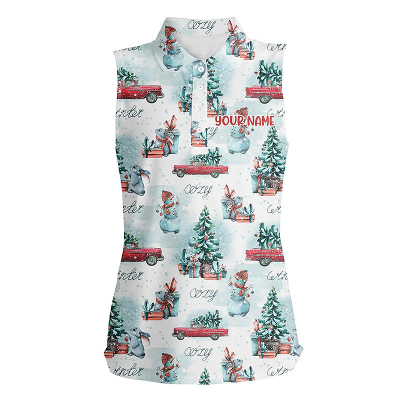 Watercolor Snowmen Christmas Trees Womens Sleeveless Polo Shirt Cozy C ...