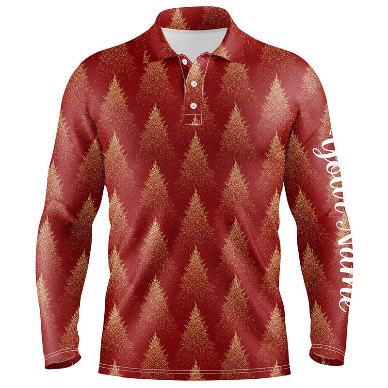Christmas Trees Seamless Red Golf Mens Polo Shirts Winter Custom Golf ...