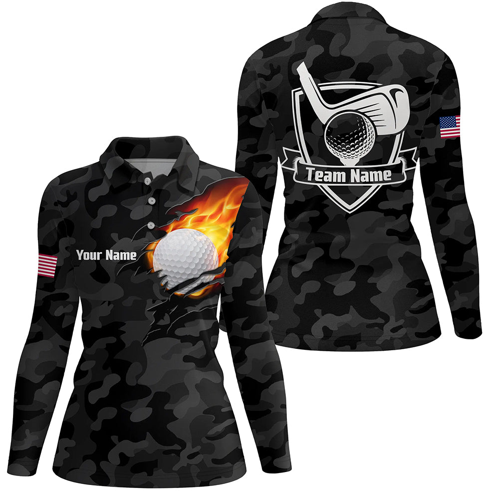 Black Camo Fire Golf Ball Flame Golf Polo Shirts Custom American Flag ...