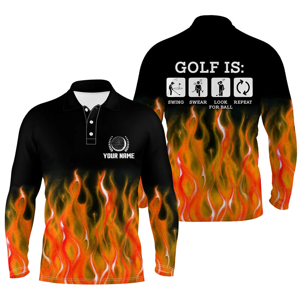 Mens Orange Flame Golf Polo Shirts, Personalized Fire Golf Shirts For ...