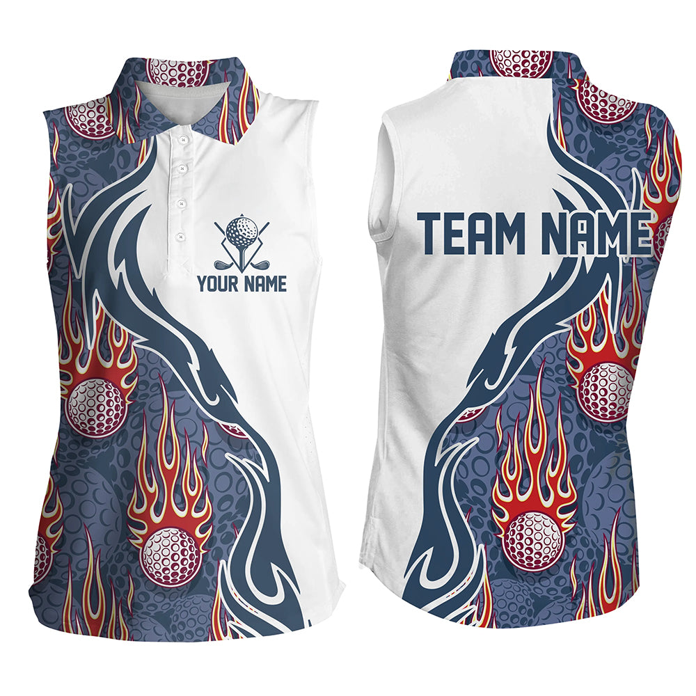 Flame Golf Ball White Blue Womens Sleeveless Polo Shirt Personalized G ...