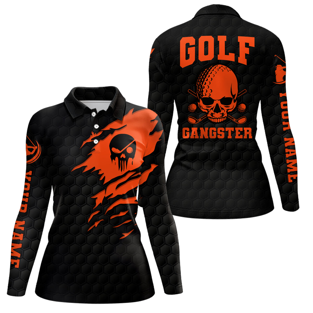 Golf Gangster Skull Polo Shirt Custom Black Orange Golf Pattern Scary ...