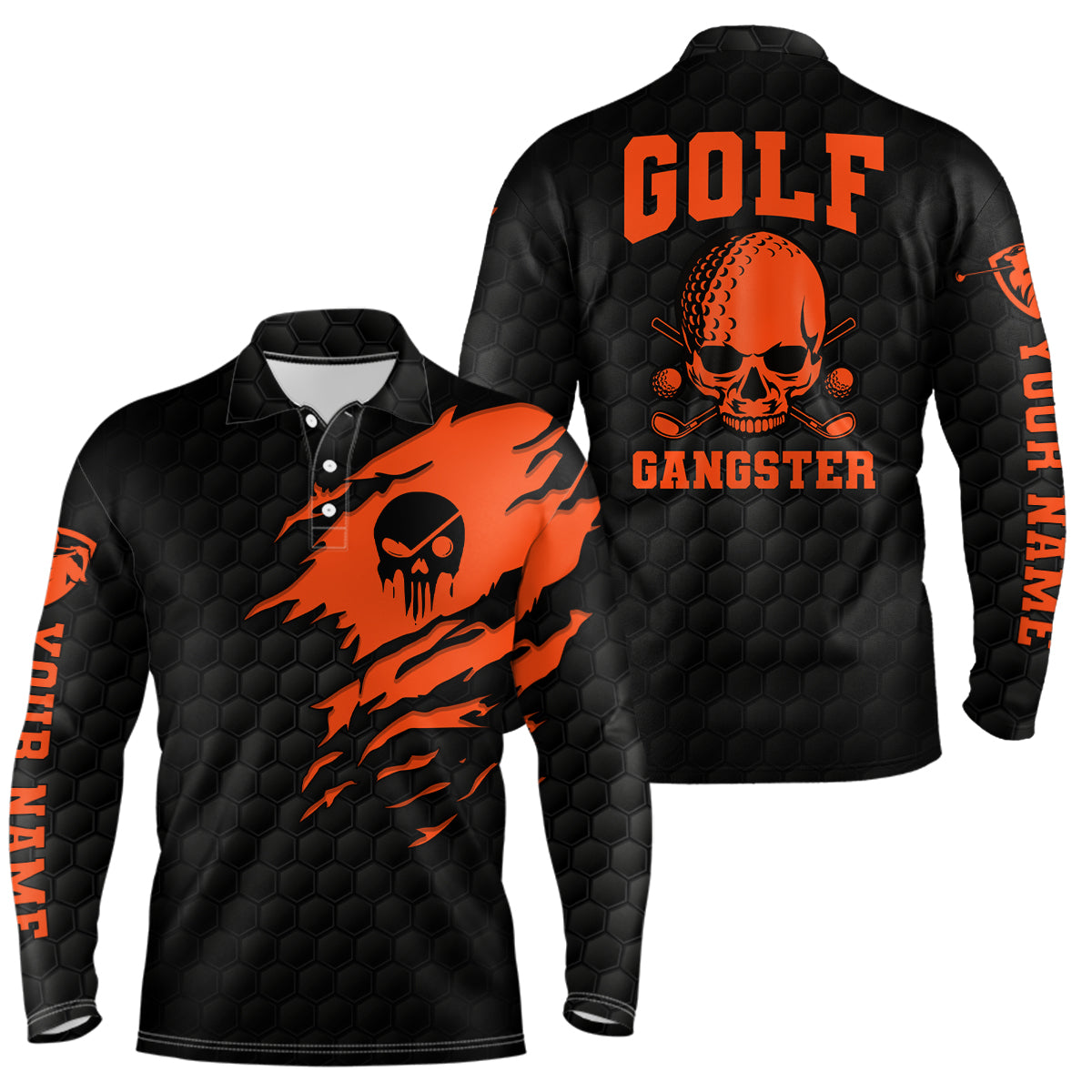 Golf Gangster Skull Mens Polo Shirt Custom Black Orange Golf Pattern S ...