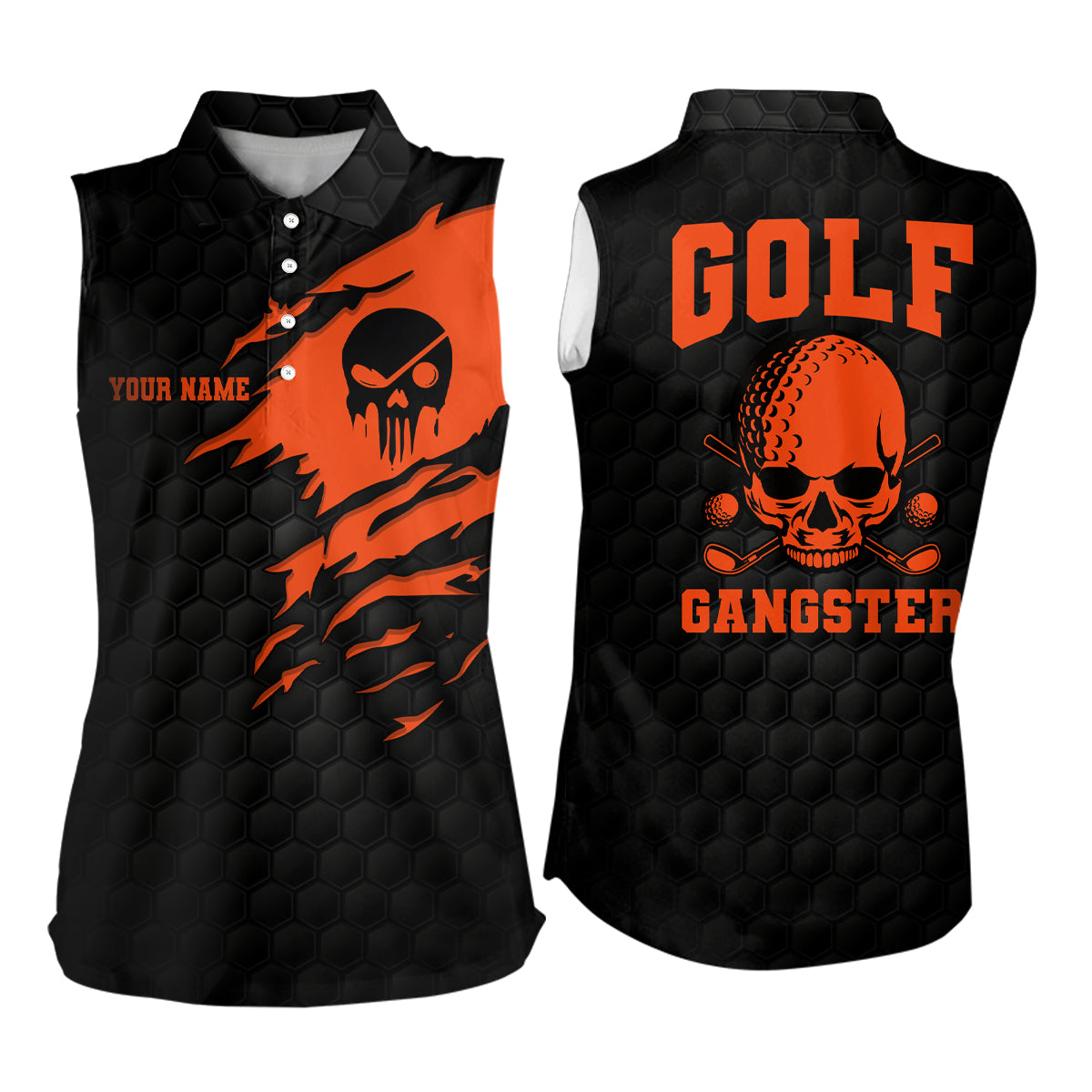 Golf Gangster Skull Sleeveless Polo Shirt Custom Black Orange Golf Pat ...