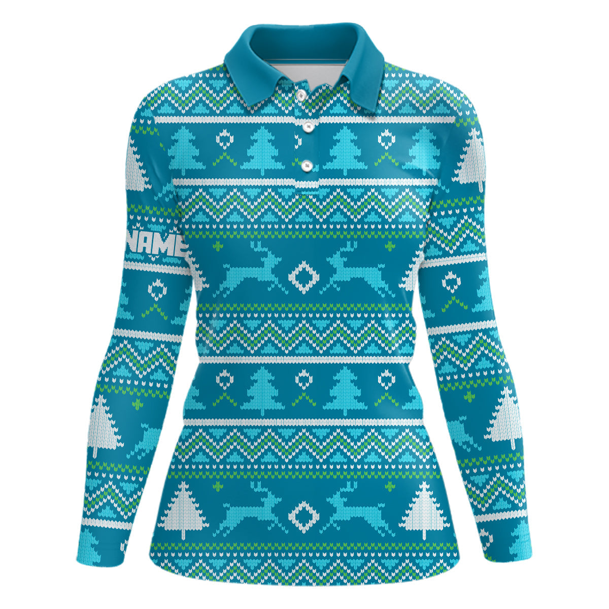 Blue Knitted Christmas Trees Golf Polo Shirts Personalized Winter Xmas ...
