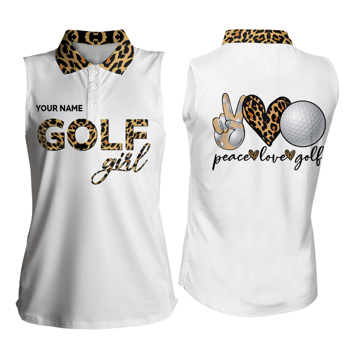 Leopard Golf Girl Peace Love Golf Women Sleeveless Polo Shirt Custom G ...