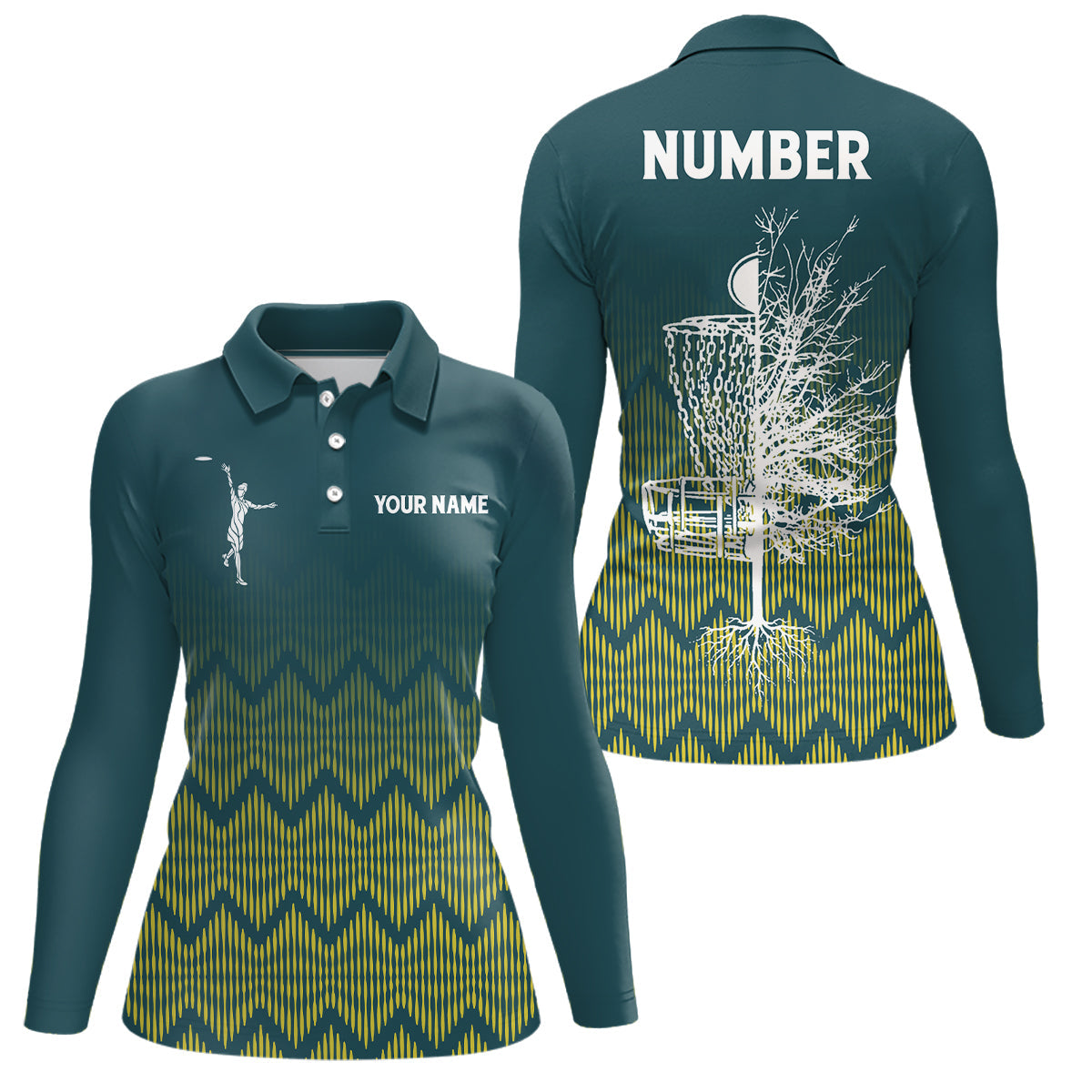 Personalized Womens Disc Golf Polo Shirt Gradient Green Geometric Disc ...