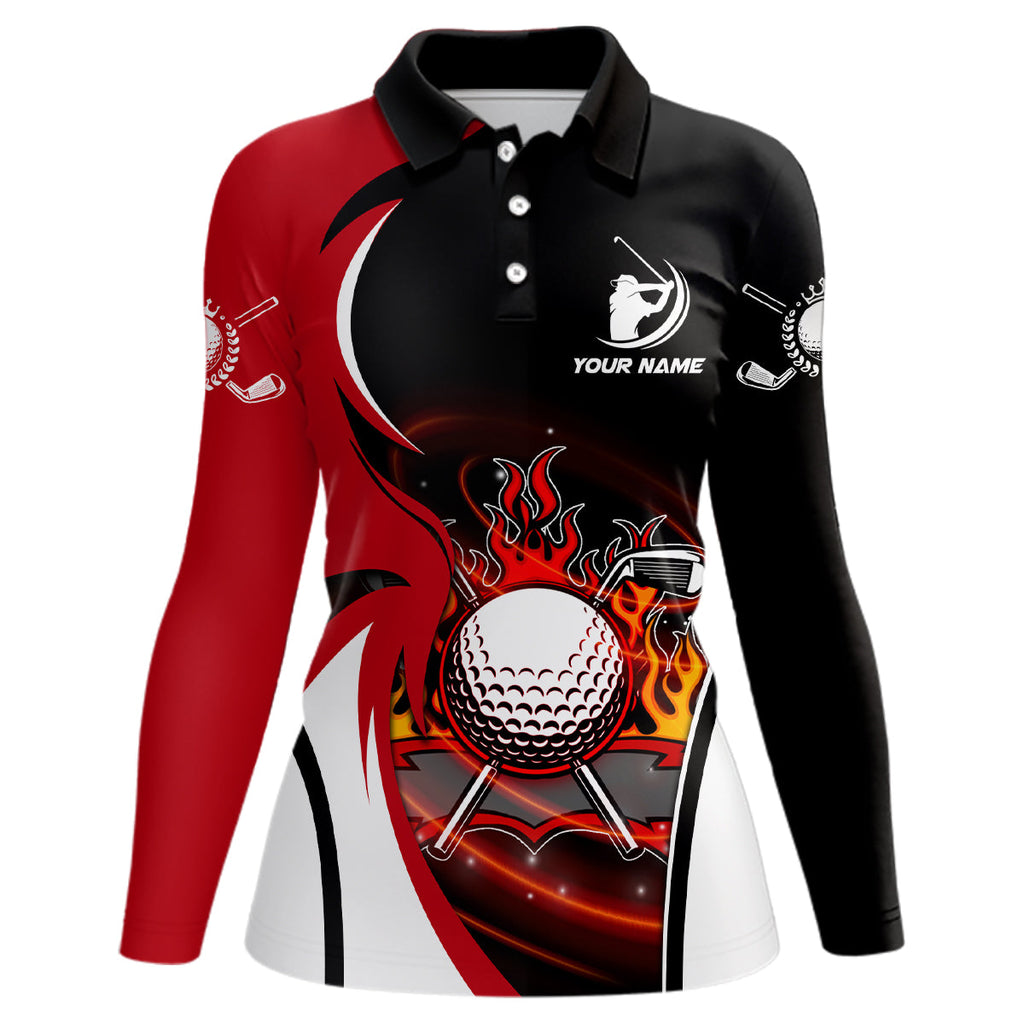 Womens Fire Flame Golf Polo Shirts Custom Red And Black Golf Shirts Fo ...