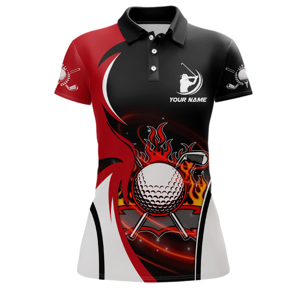 Womens Fire Flame Golf Polo Shirts Custom Red And Black Golf Shirts Fo ...