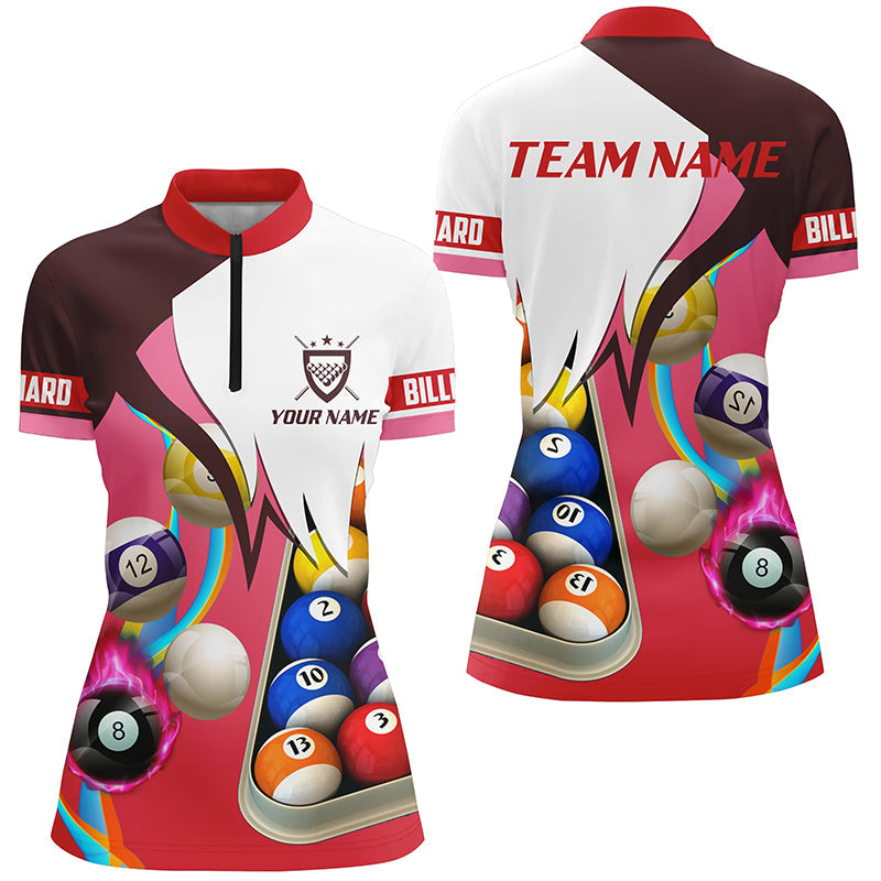 Personalized Red 3D Billiard Balls Quarter-Zip Shirts For Women, Custo ...