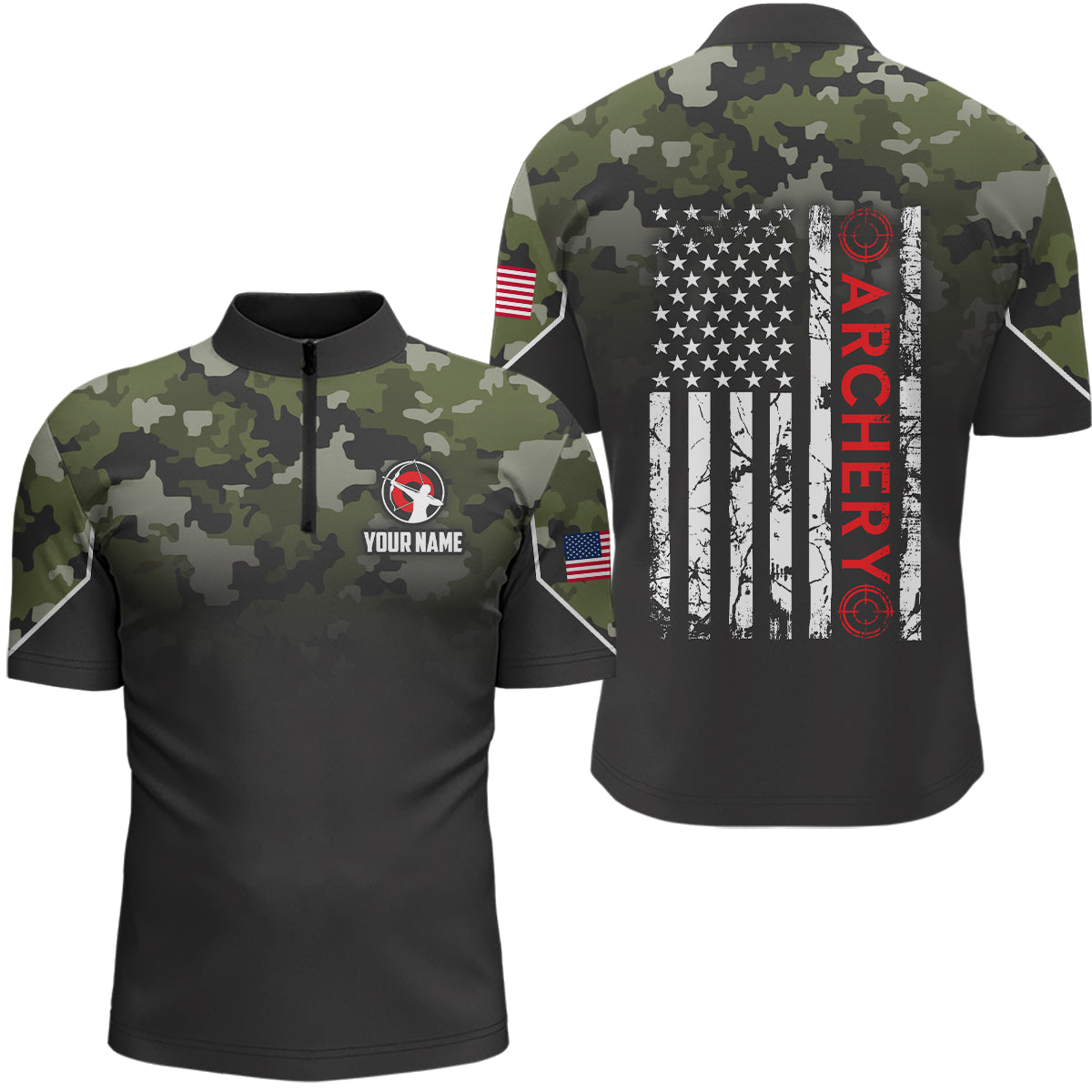 Personalized Green Camouflage Archery Quarter-Zip Shirts For Men, Grun ...